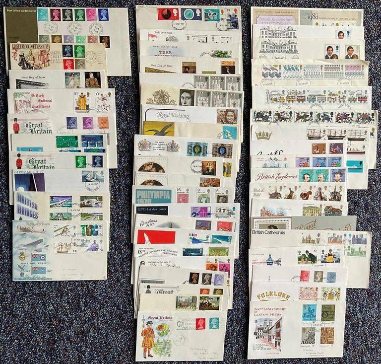Collection of 48 First Day Covers with Stamps & FDI Postmarks Plus Fij ...